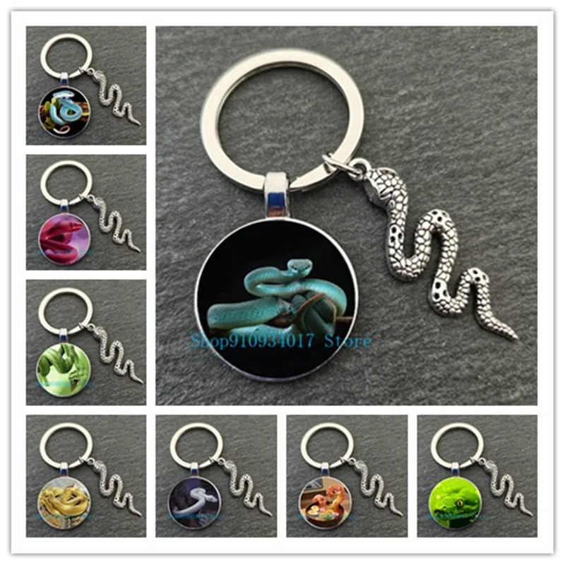 New animal snake round glass keychain alloy snake pendant glass ...
