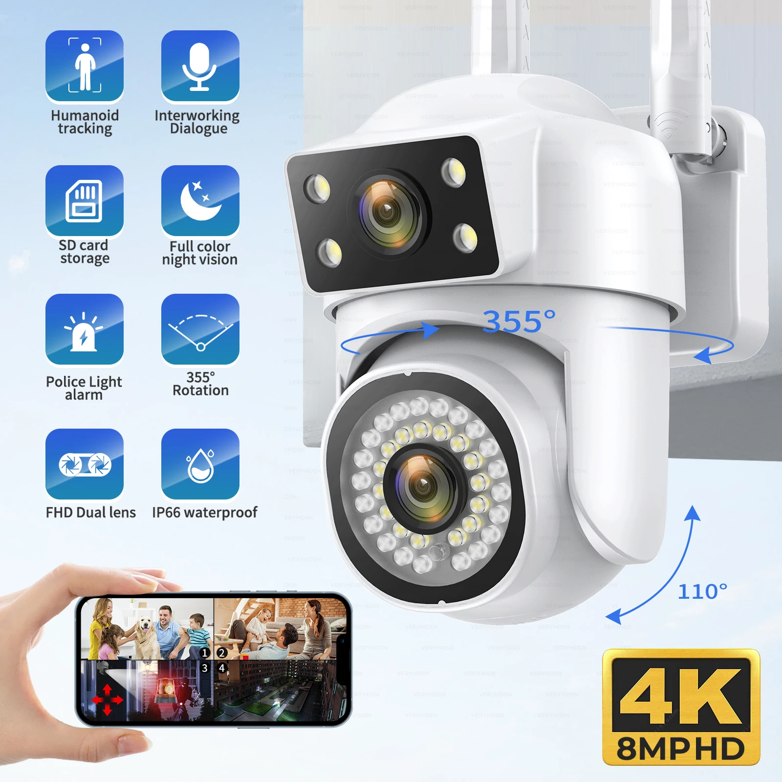 8MP PTZ Wifi Camera 1/3PCS HD Four Screens Full Color Night Vision ...