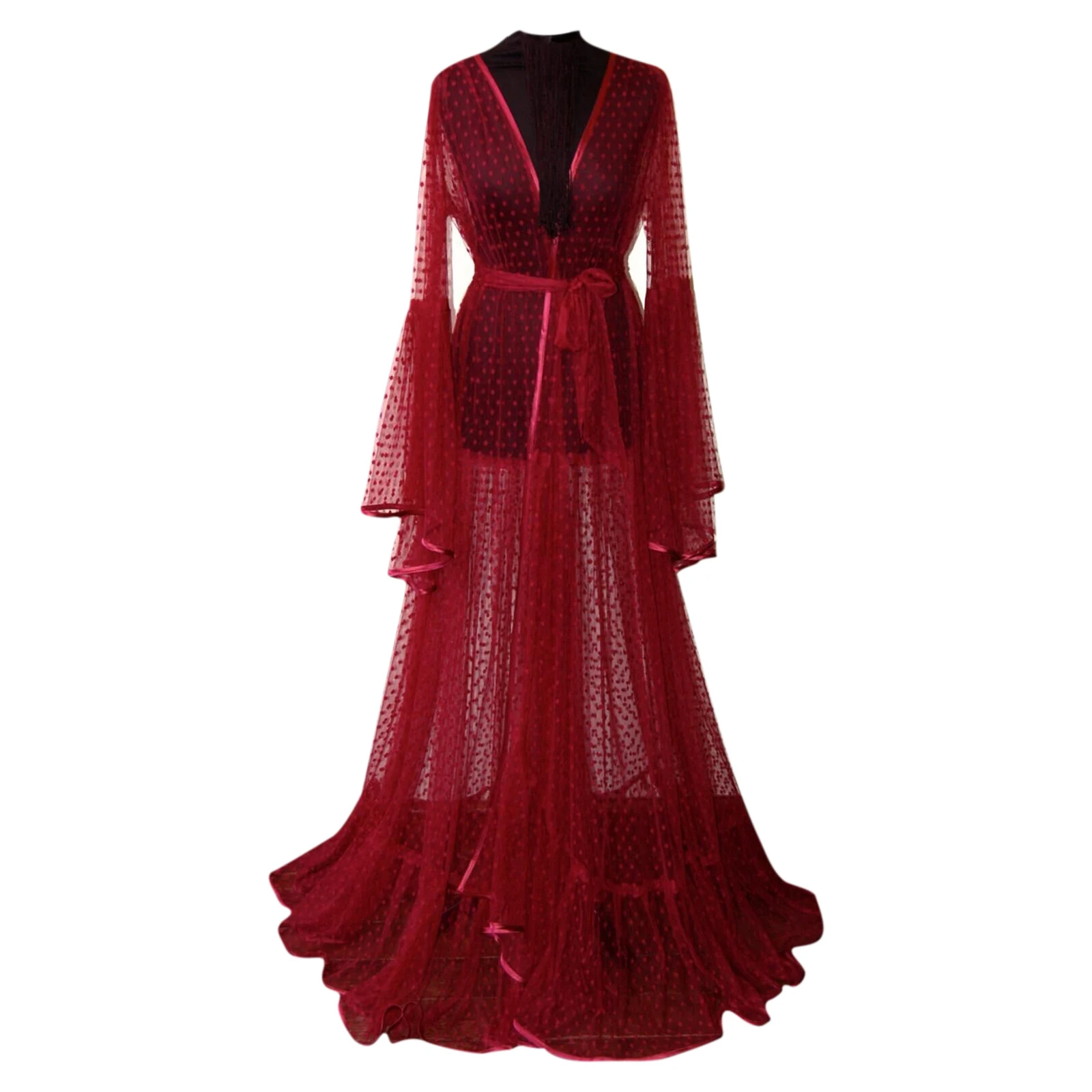 Dots Sheer Mesh Nightgown Robes for Women See-Through Sexy Long Flare ...
