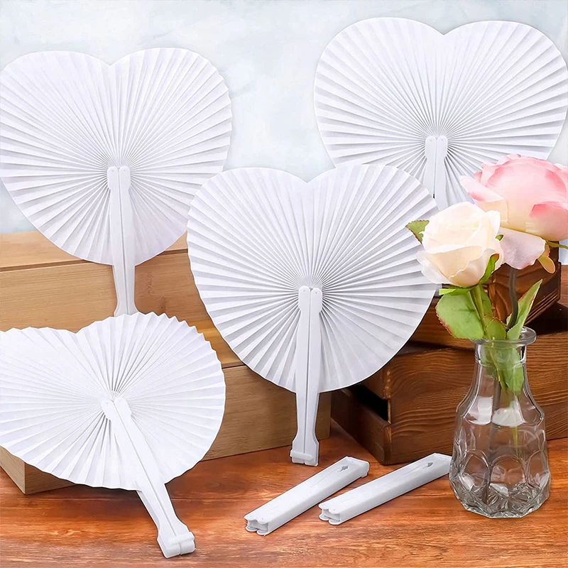 30-60-100Pcs-White-Folding-Paper-Fans-Heart-Shaped-Plastic-Handle-Paper ...