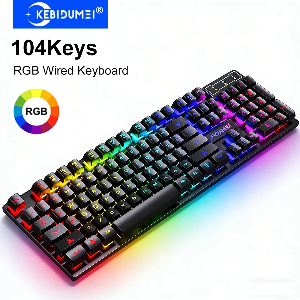 KEBIDUMEI USB Wired Keyboard RGB Colorful Gaming Keyboard 104Keys Wired ...