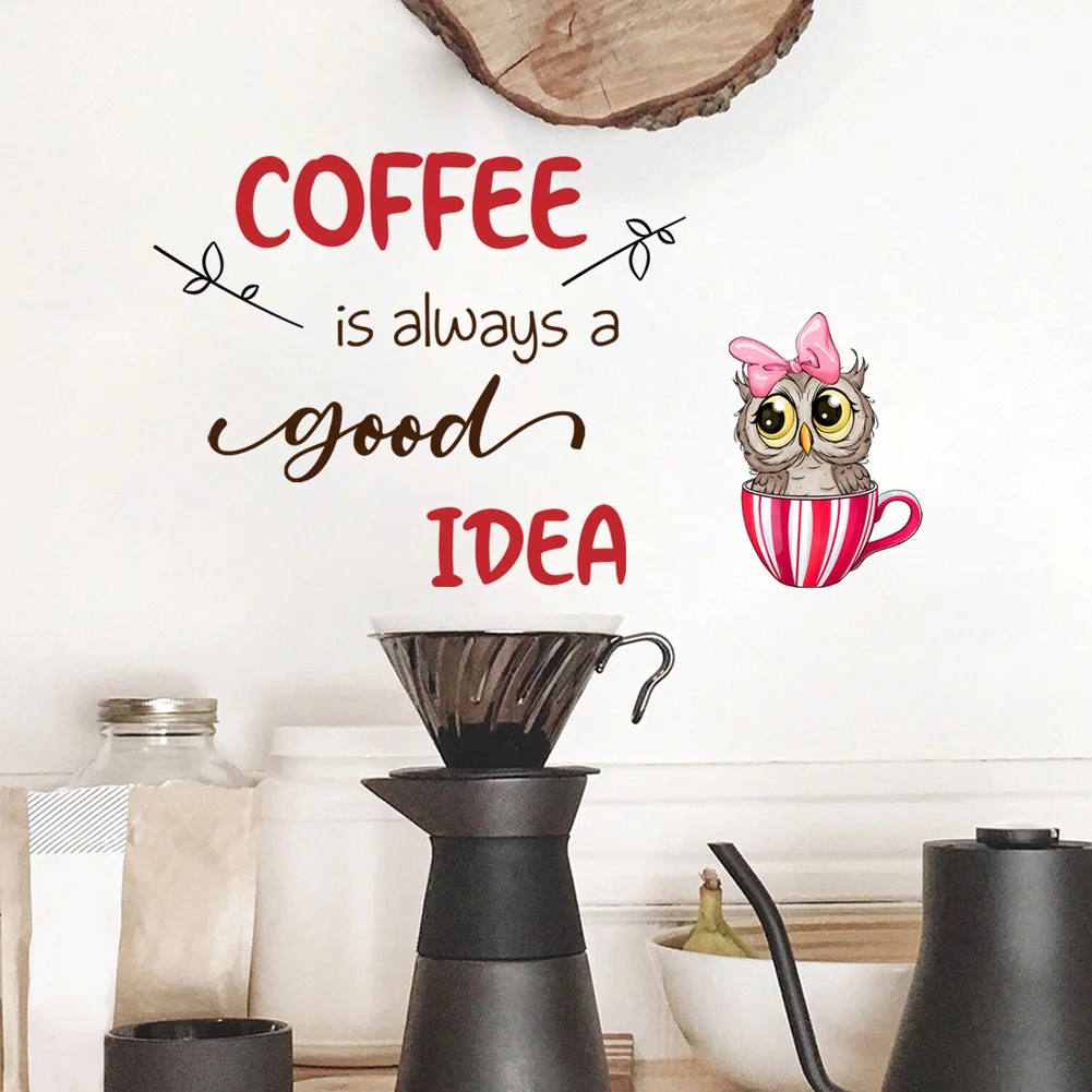 Coffee-Cute-Owl-Bow-Wall-Sticker-Cafe-Kitchen-Restaurant-Background ...