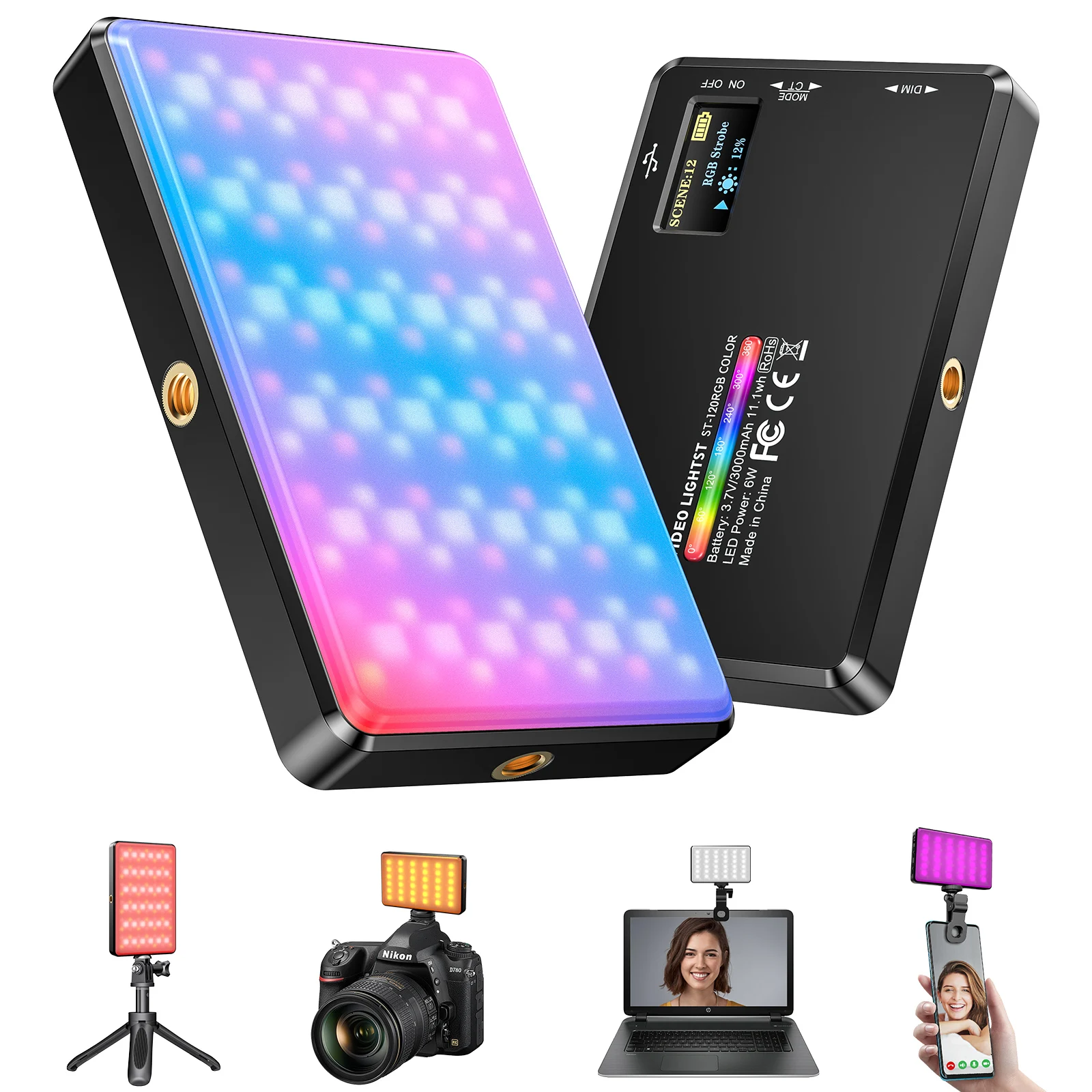 Full-Color-RGB-LED-High-Power-Rechargeable-Video-Fill-Light-with-Clip ...