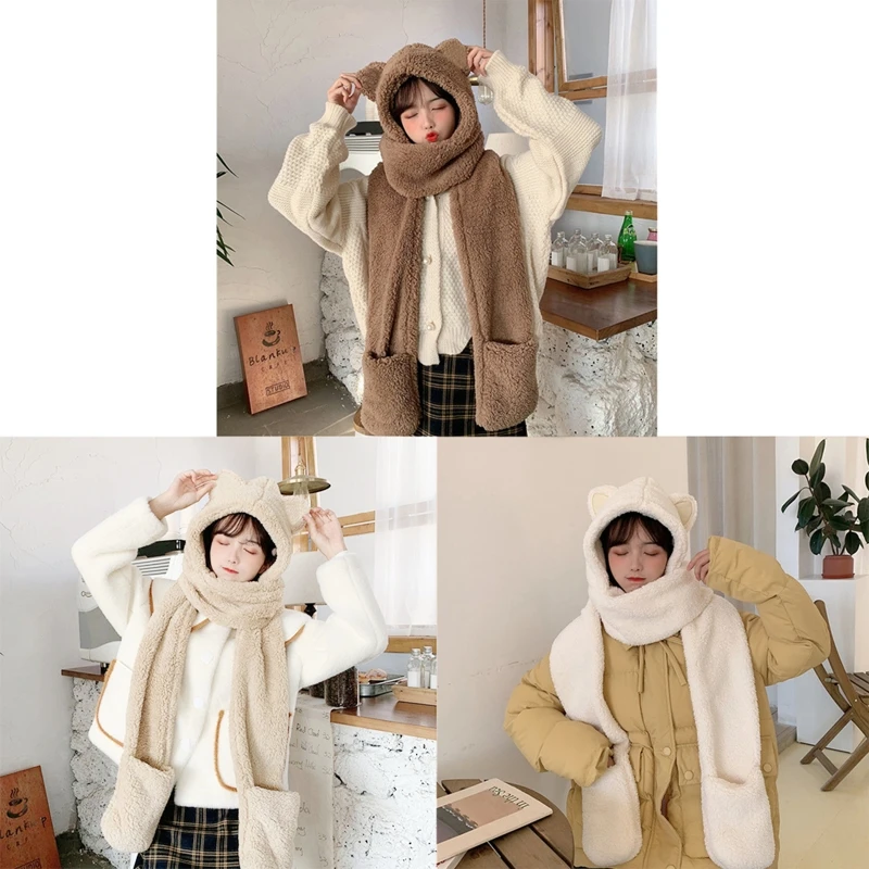 Winter-Warm-Women-Hoodie-Gloves-Pocket-Earflap-Hat-Long-Scarf-Shawl ...