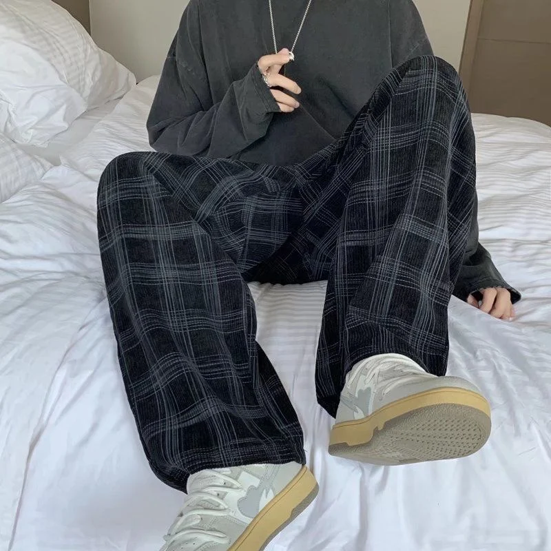 Men Checkered Casual Pants Loose Straight Corduroy Pants Sweatpants Man ...