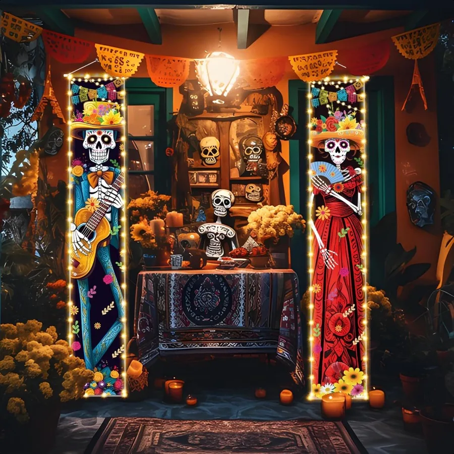 Halloween Decorations Dia De Los Muertos Lighted Porch Sign Banners ...