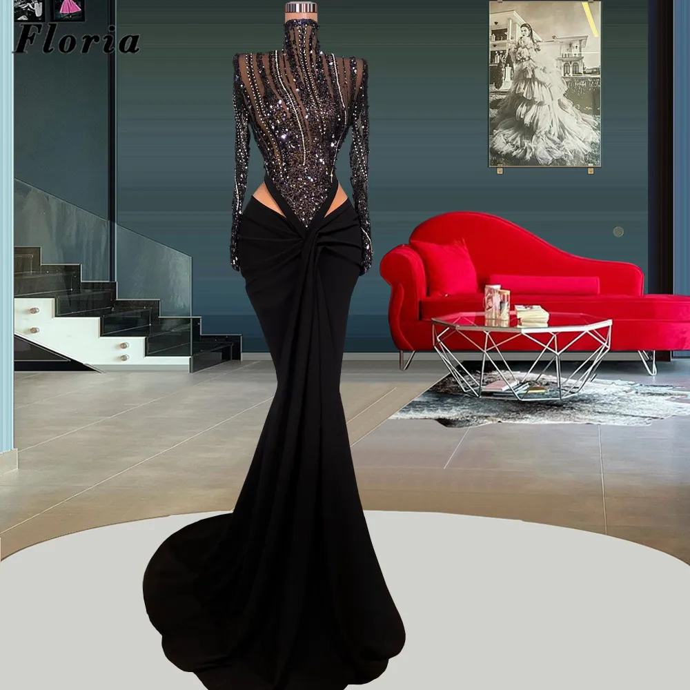 Floria Black Beading Evening Dresses Luxury Long Sleeves Illusion Lace ...