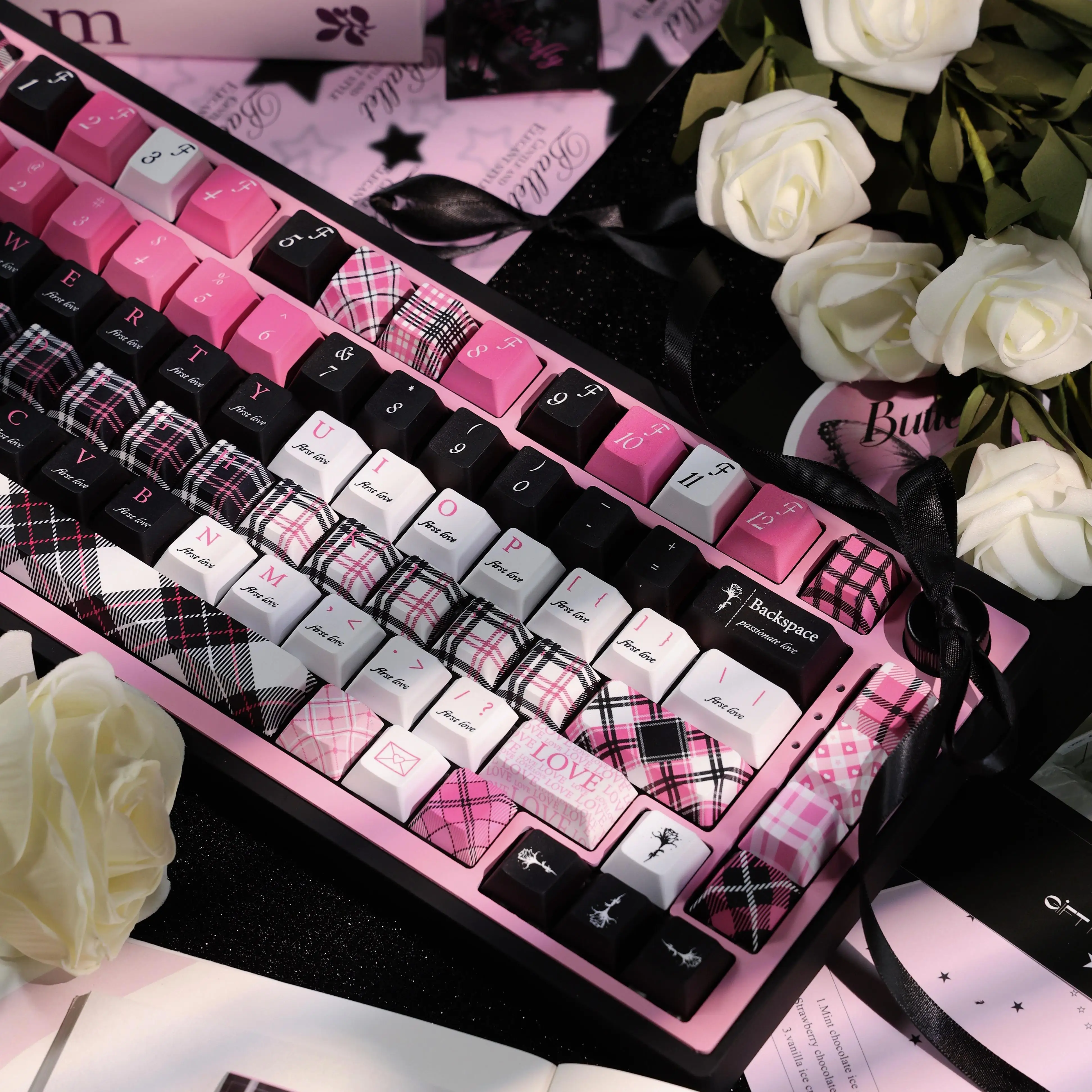 First Love Pink Black Theme Keycaps Set PBT Cherry Profile Custom ...