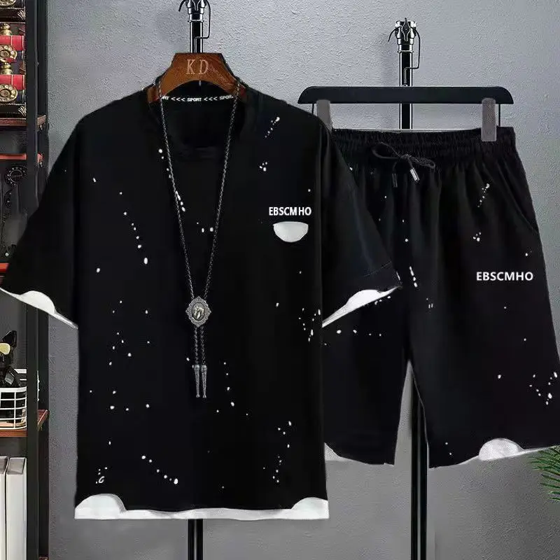 Plus Size 7XL Summer Men's Sets Fashion Patchwork Color Streetwear ...