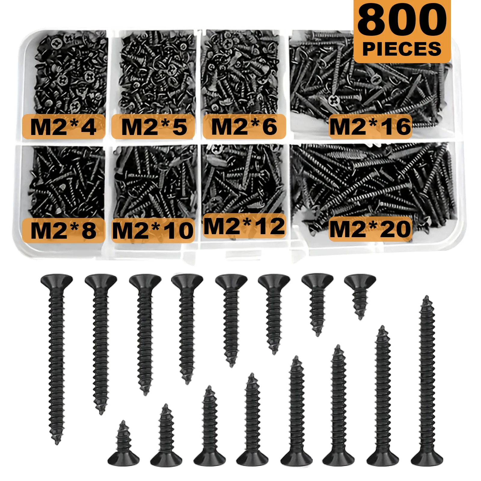 M2-black-Flat-Head-Cross-Carbon-Steel-Self-Tapping-Screw-800Pcs ...