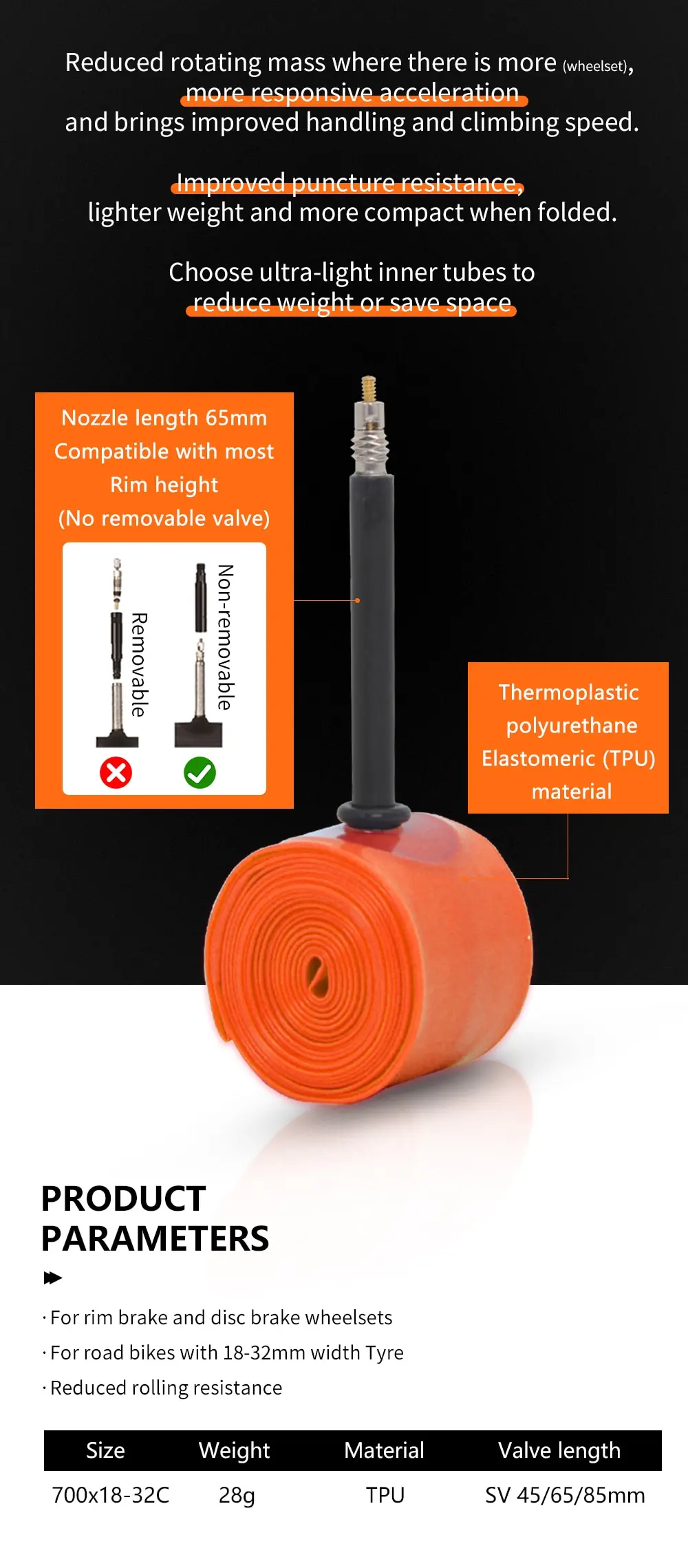 ThinkRider Chambre à air ultralégère pour vélo de route, matériau TPU ...