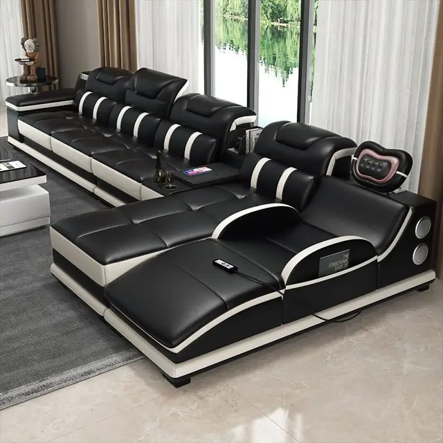 MINGDIBAO Italian Genuine Leather Sectional Sofa with Bluetooth Speaker ...