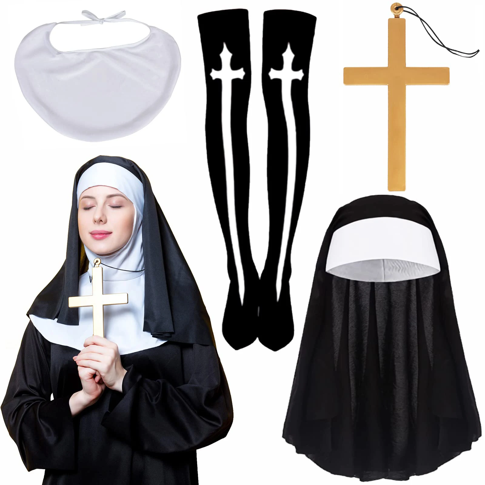 Costume Cosplay de freira para mulheres, chapéu de freira, colarinho ...