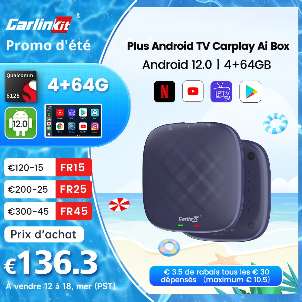 Carlinkit – Boîtier Carplay Ai Plus, Android 11, 4 Go + 64 Go, Qcm, 8 Cœurs 6125, Sans Fil ...