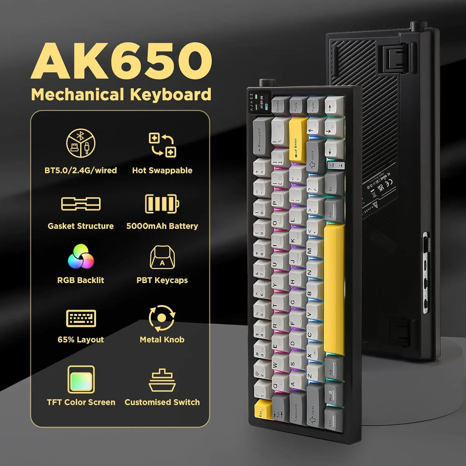 AJAZZ AK650 TFT Color Screen Flyfish switch Mechanical Keyboard BT5.0/2 ...