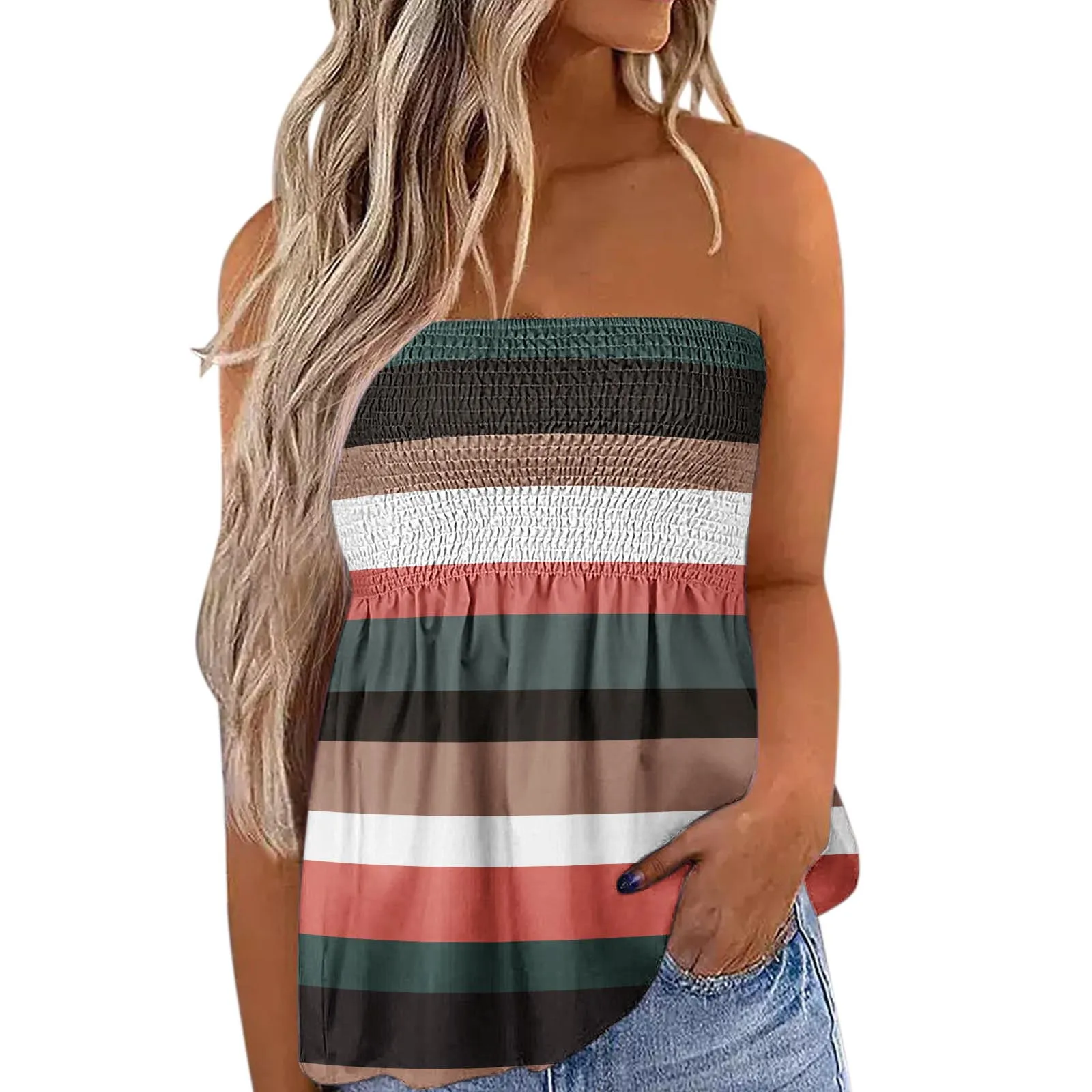 Women Stripe Strapless Bandeau Tank Sleeveless Summer Vacation Loose ...