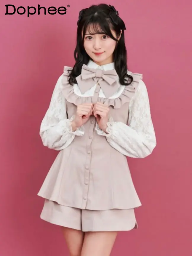 Conjunto de dos piezas de encaje a cuadros Lolita para mujer, vestido negro de manga larga ...