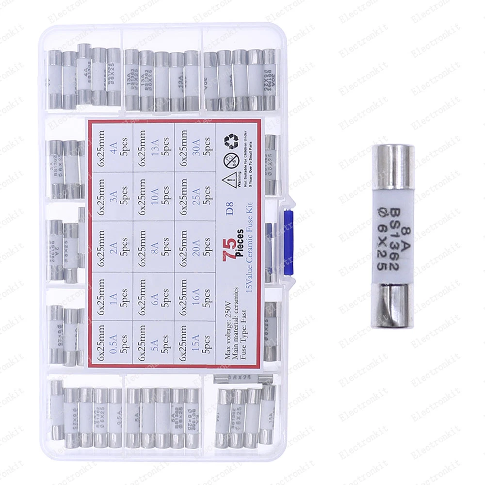 75pcs 6mm x 25mm 250V Fast Blow Ceramic Fuse Assortment Kit Box 0.5A 1A ...