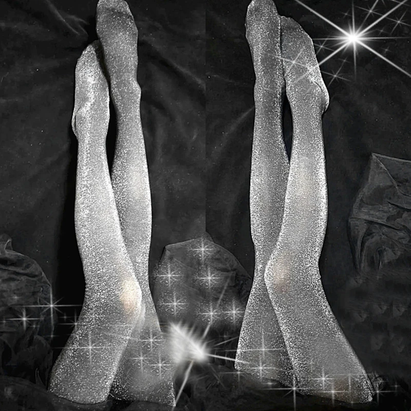 2022-New-Summer-Thin-Super-Shiny-Silver-Silk-Stockings-Sexy-Open-Crotch ...