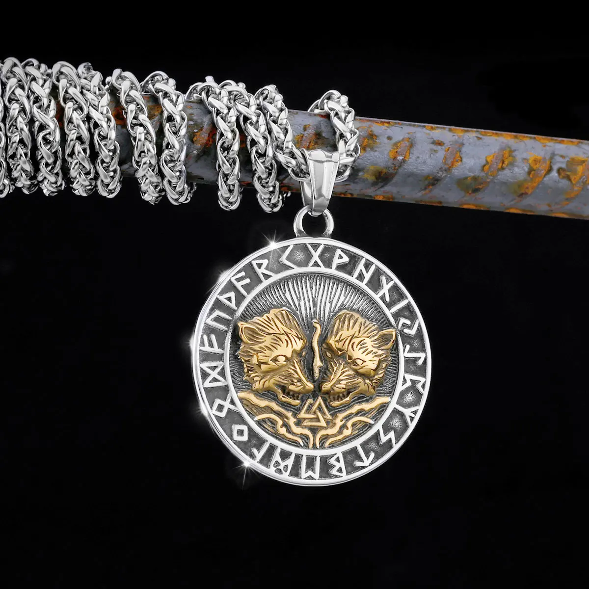 Stainless Steel Vintage Viking Wolf Head Necklace Men's Valknut Odin ...