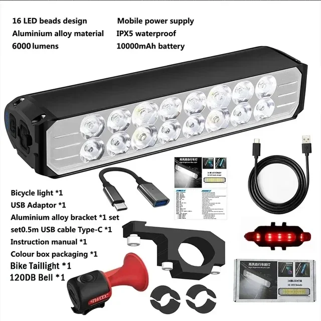 6000 Lumen Bicycle Light Front Rechargeable 10000mAh Powerful Bike ...