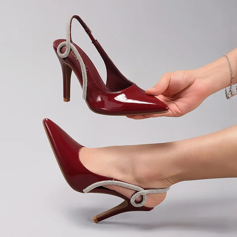 Sexy Patent Leather Pointed Toe Heeled Sandals Woman Luxury Rhinestone ...