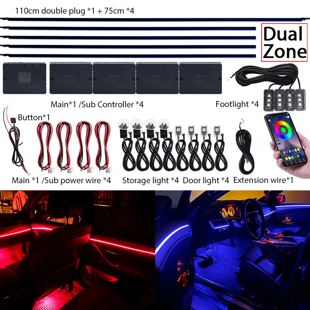 Universal-18-in-1-Dual-Zone-64-Color-Car-Ambient-Lighting-Kit-RGB-LED ...