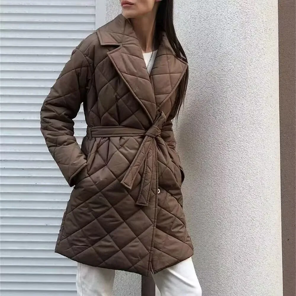 Women Mid-Length Lapel Cotton Padded Jacket Warm Parkas Winter Coat ...