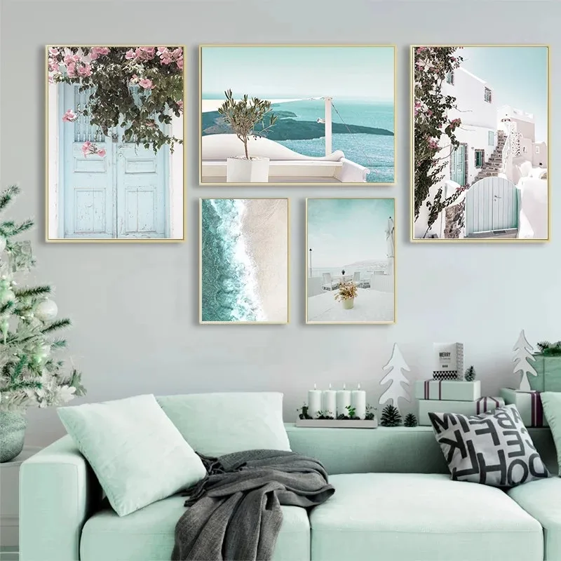 Azul seascape poster rosa flor pintura da lona parede arte seaside ...