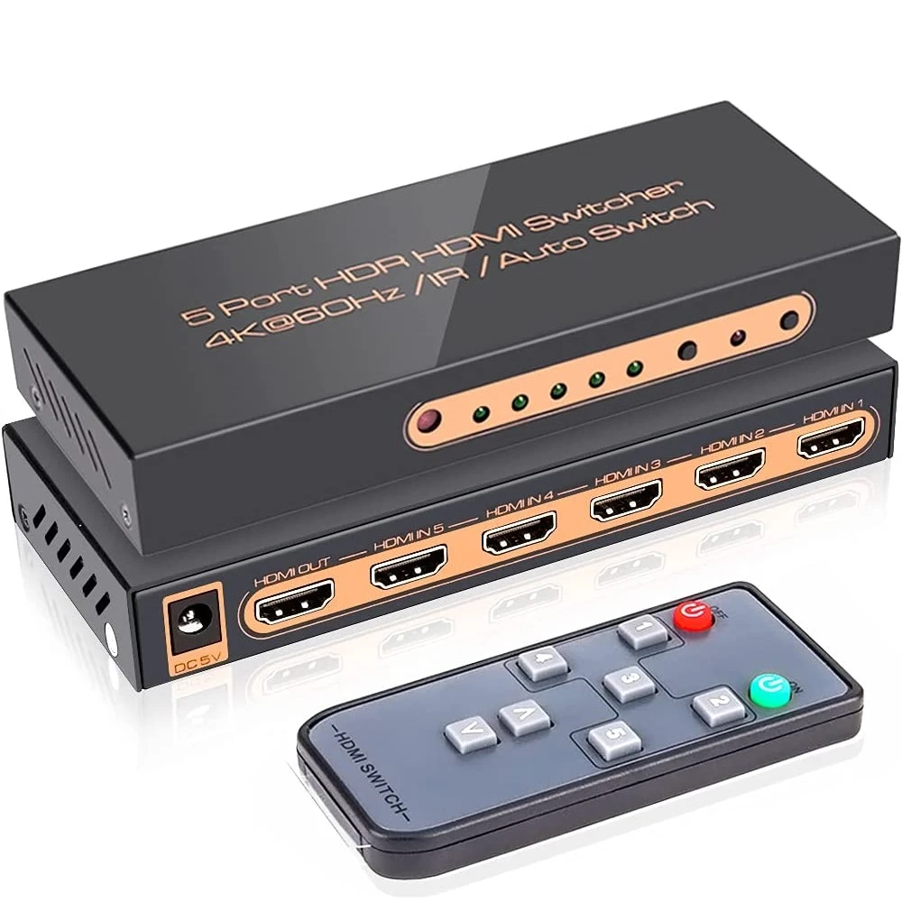 4K 60Hz HDMI Switch 5 In 1 Out HDMI2.0 Selector Splitter 5x1 Remote ...