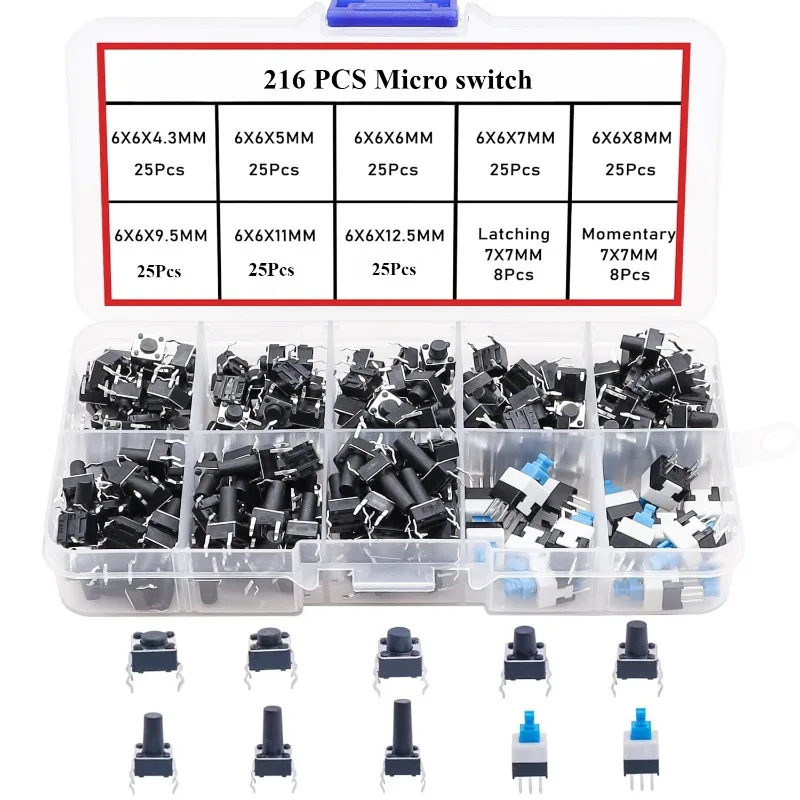 216PCS Micro Momentary Tactile Push Button Switch Assortment Kit 10 ...