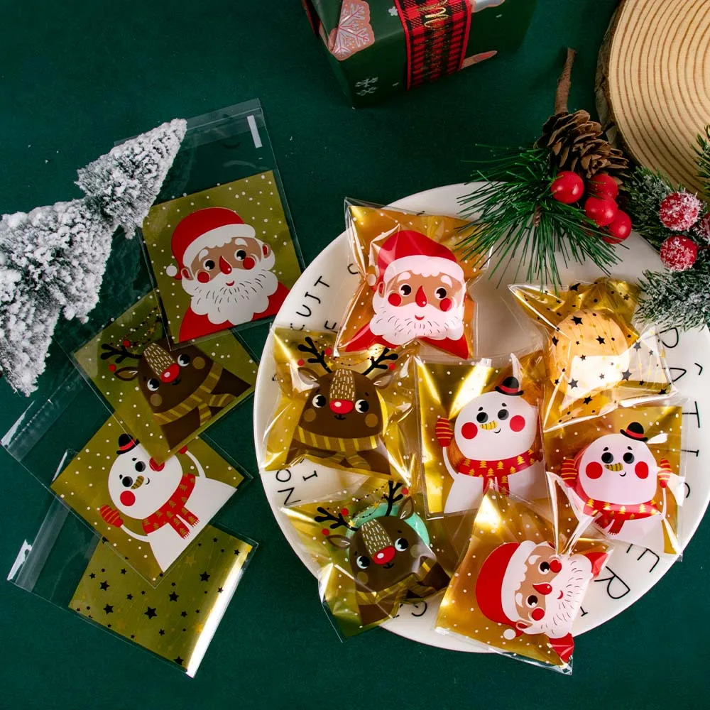 100Pcs Christmas Cookie Candy Bag Santa Claus Self Adhesive Plastic ...