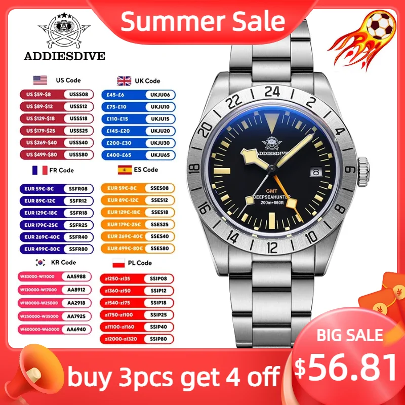 ADDIESDIVE-AD2036-GMT-Mens-Quartz-Watch-Stainless-Steel-20Bar-Diving ...