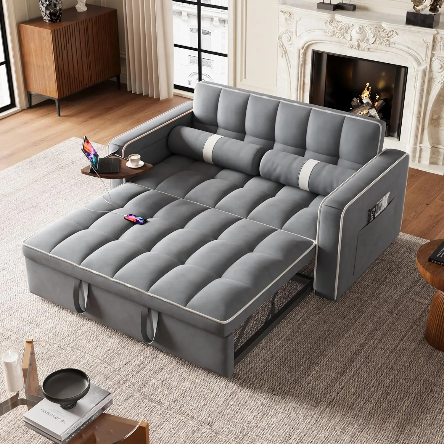 3-in-1-Sleeper-Sofa-Bed-Convertible-Love-Seat-Couch-with-Side-Table ...