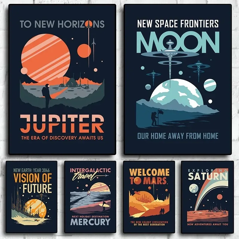 Retro-Futurism-Art-Canvas-Painting-Space-Travel-Universal-Planet-Moon ...
