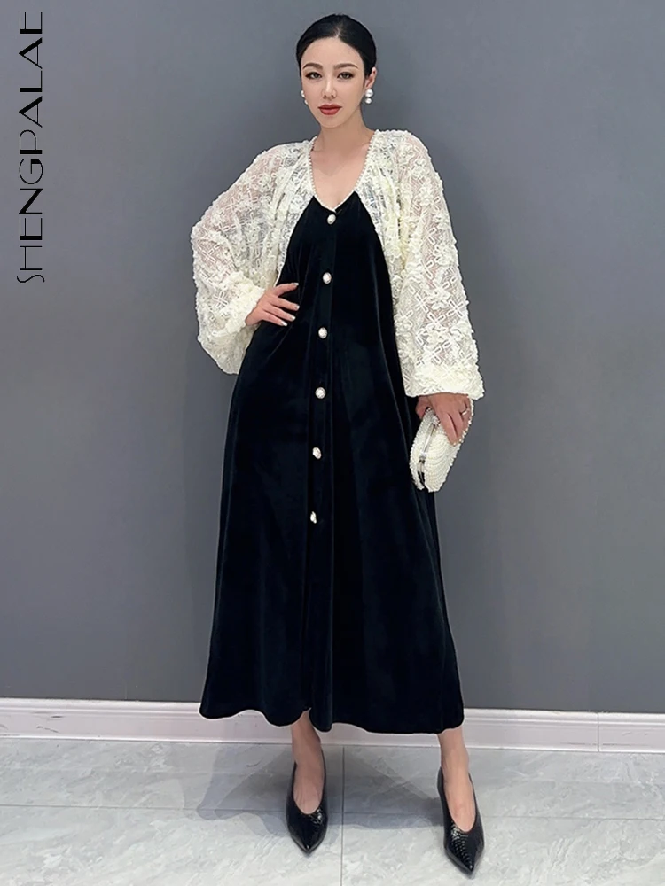 SHENGPALAE-Fashion-Women-Velvet-Dress-Lace-Spliced-Lantern-Sleeve-V ...