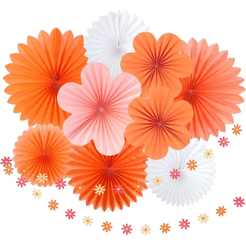 Orange Pink Paper Flower Fans Party Backdrop Decorations with Hanging ...