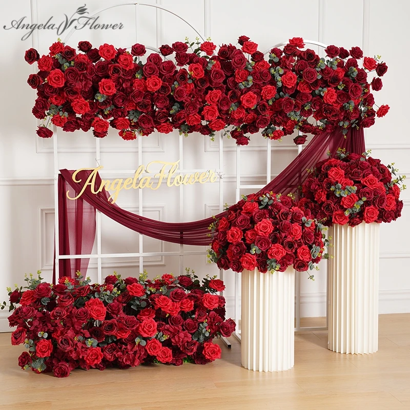 Burgundy-Red-Rose-Green-Eucalyptus-Leaf-Wedding-Arch-Floral-Row ...