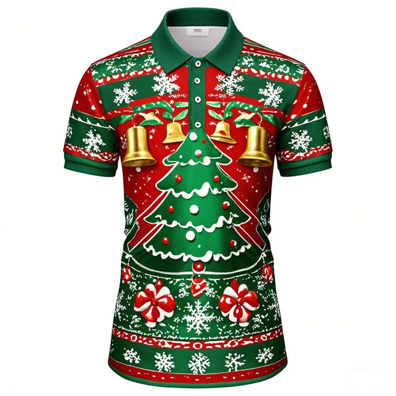 Full Print Christmas Tree Polo Shirt For Men Casual Short Sleeve Turn ...
