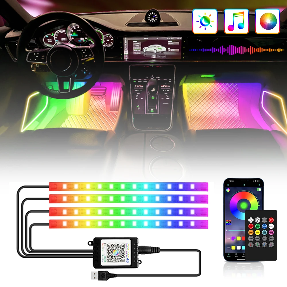 Neon LED Car Interior Ambient Foot Light with USB Wireless Remote Music ...