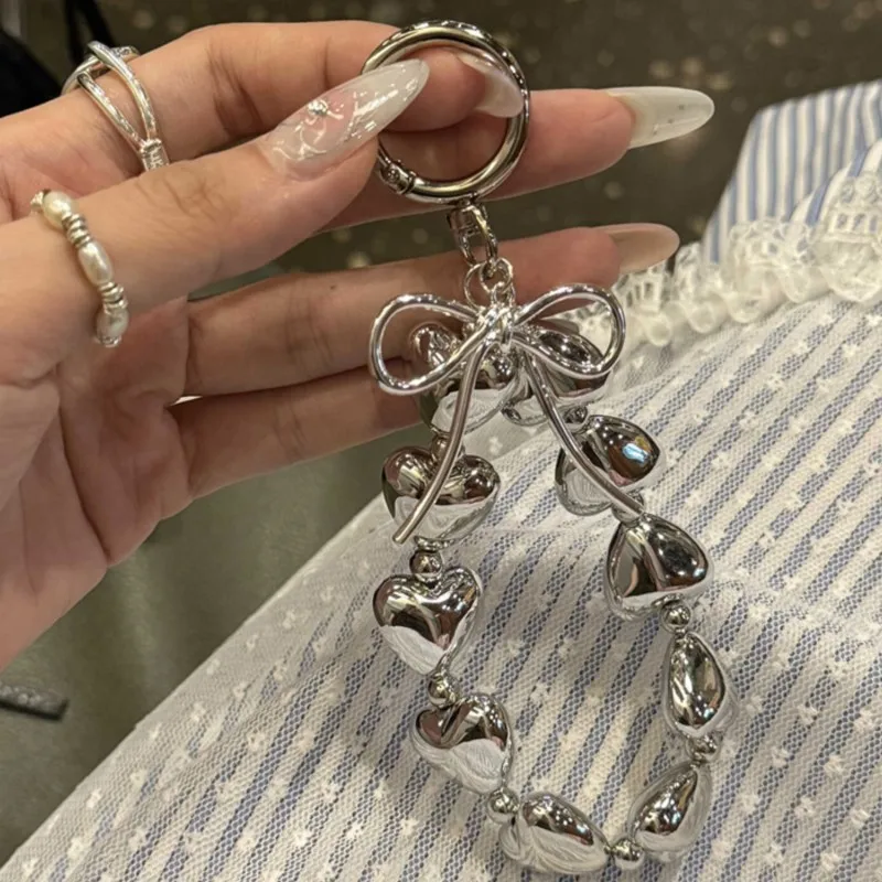 Luxury-Plating-Silver-Heart-Bowknot-Pendant-Strap-For-iPhone-Bag-Key ...