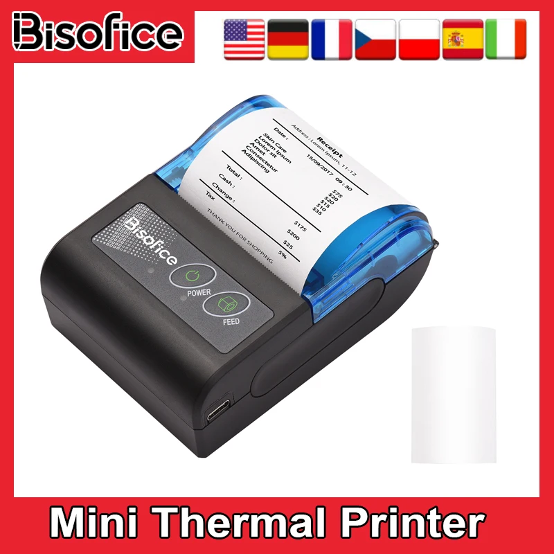 Bisofice Portable Mini Thermal Printer 2 Inch Wireless Usb Receipt Bill ...
