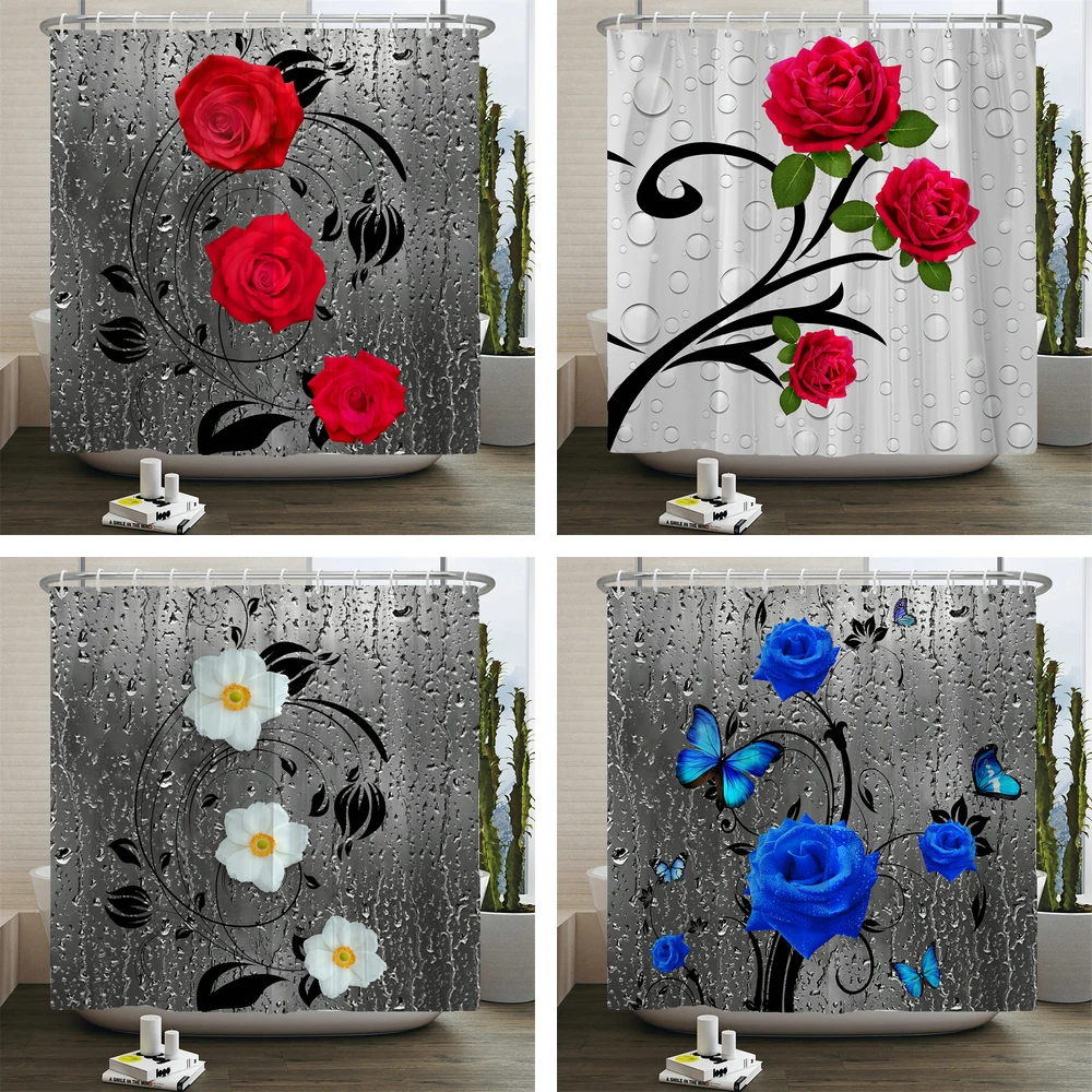Colorful-Red-Rose-Shower-Curtain-Butterfly-Flower-Bathroom-Polyester ...