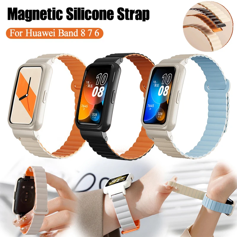 Magnetic-Silicone-Strap-Metal-Case-For-Huawei-Band-8-7-6-Pro-9-Honor ...