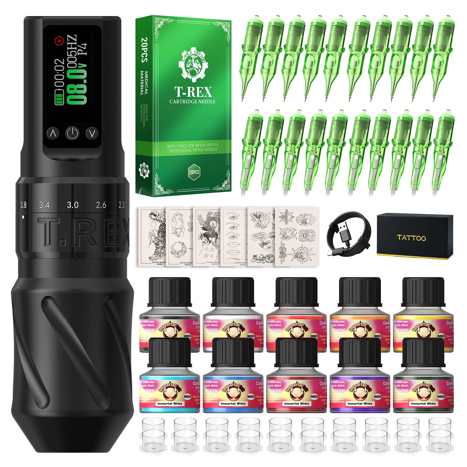 Tattoo Kit T-rex Wireless Rotating Tattoo Pen Kit with 7 Adjustable ...