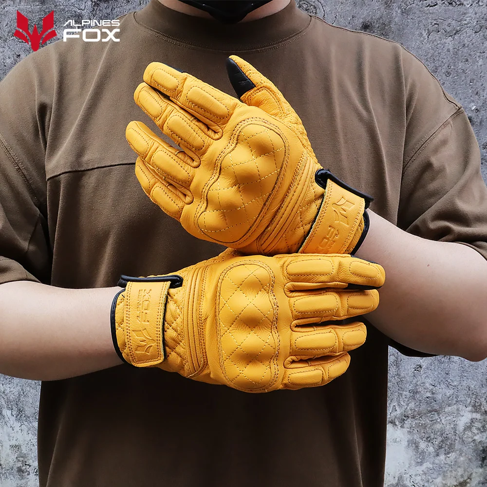 Retro Motorcycle Gloves Real Leather Full Finger Black Yellow Men Women ...