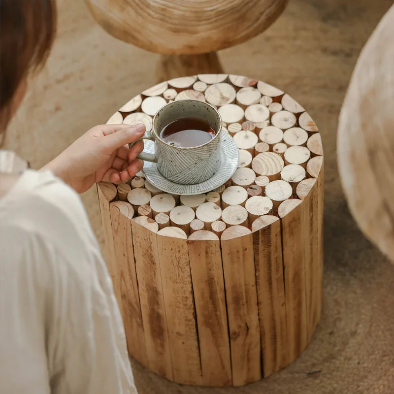 Vintage splicing solid wood small round stool Japanese style home stay ...