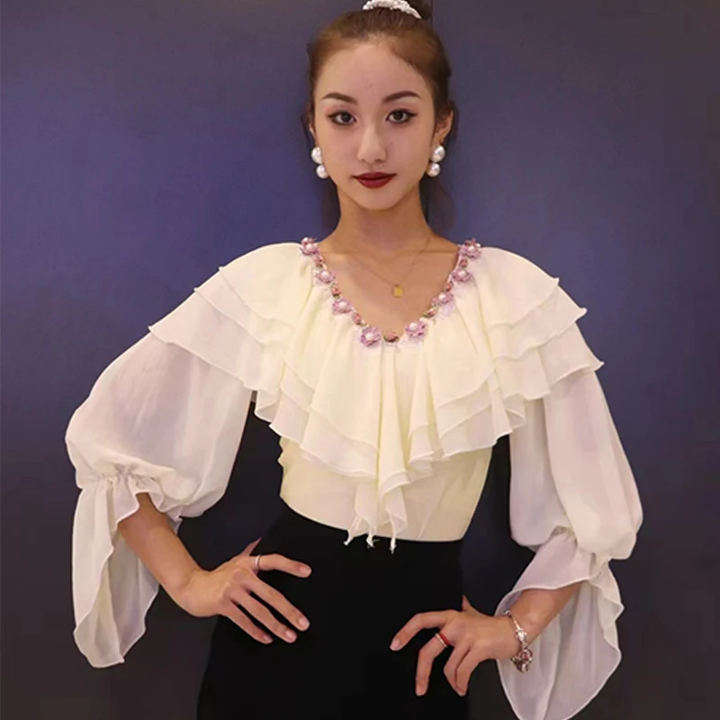 Ballrrom-Dance-Tops-Women-White-Ruffled-Bodysuit-Waltz-Dancewear ...