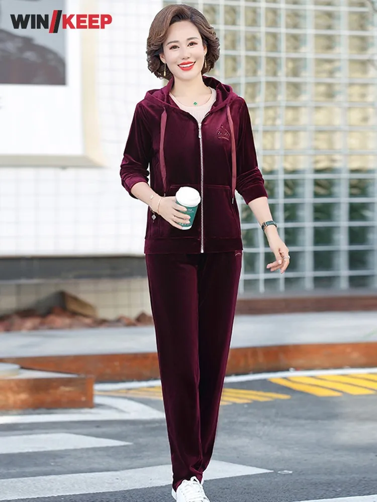 Autumn Women Velvet Two Piece Set Hooded Sweatshirt Sweatpants Running ...