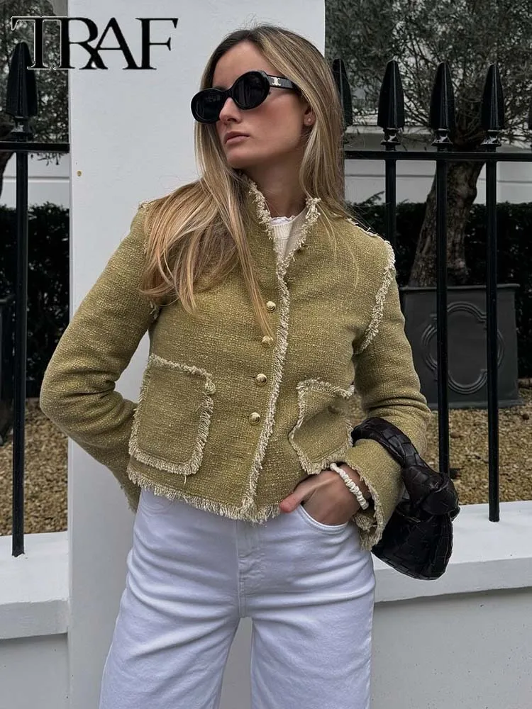 TRAF-Texture-Burr-Edge-Cropped-Jackets-For-Women-2024-Spring-Button-Up ...